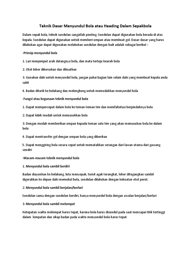 Teknik Dasar Menyundul Bola Atau Heading Dalam Sepakbola | PDF