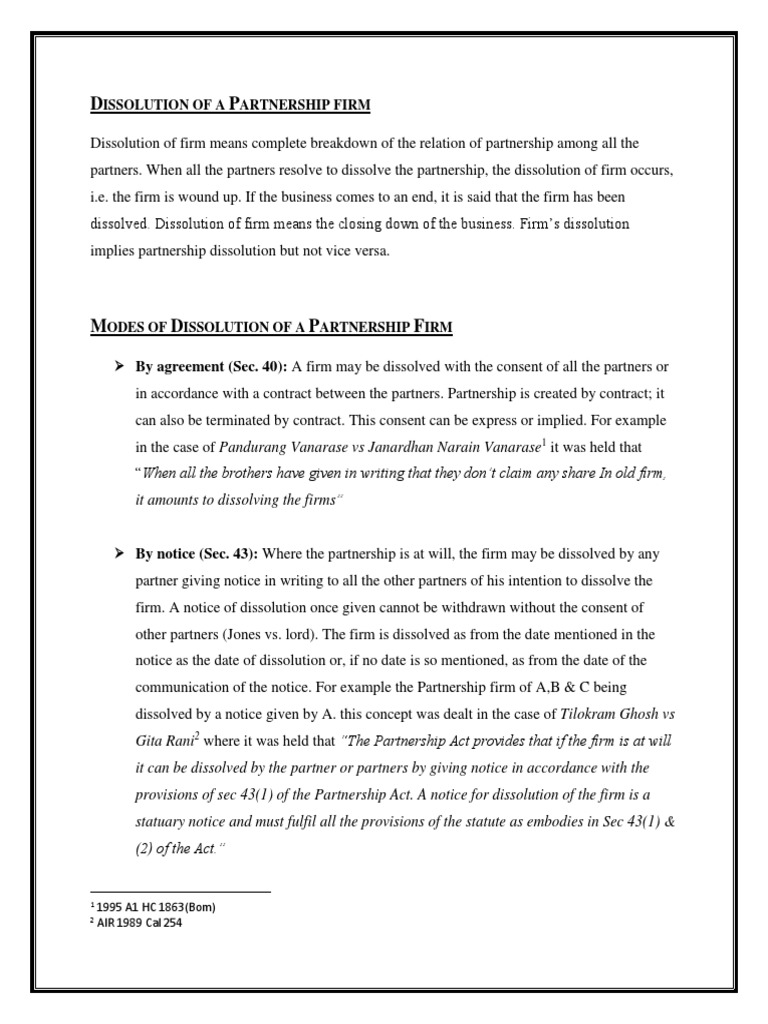 Issolution of A Artnership Firm: 1995 A1 HC 1863 (Bom) AIR 1989 Cal 254 ...