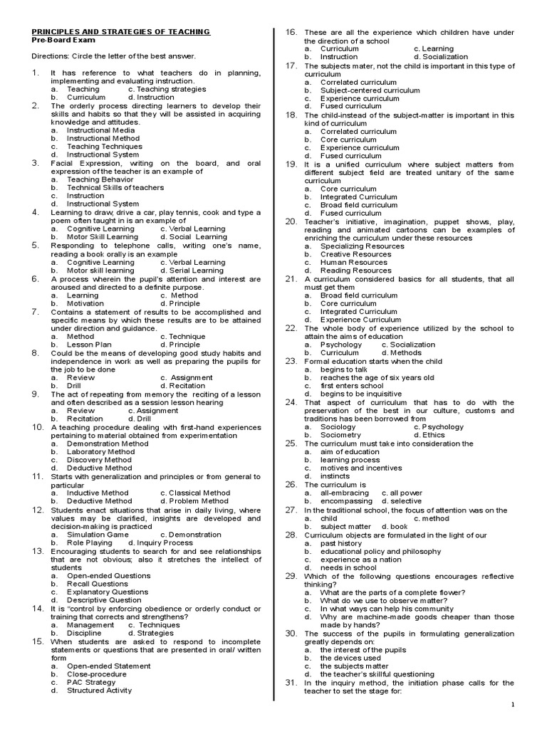 Principles and Strategies of Teaching Pre-Board Exam | PDF | Curriculum ...