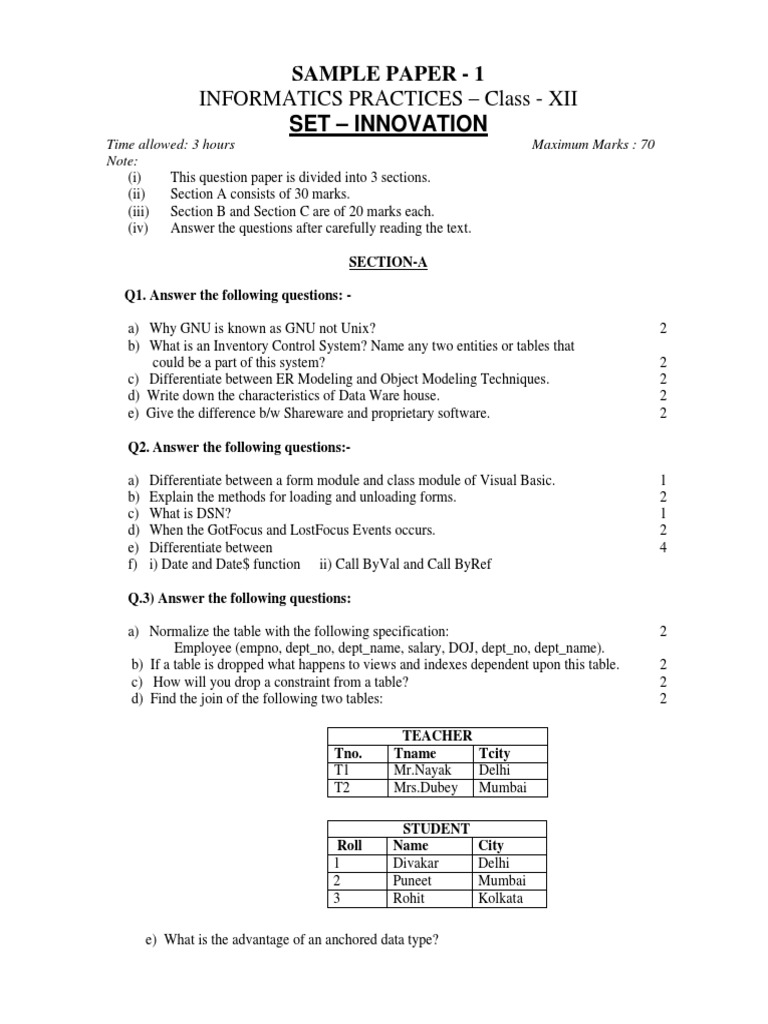 Class XII Informatics Practices Exam Paper | PDF | Pl/Sql | Sql