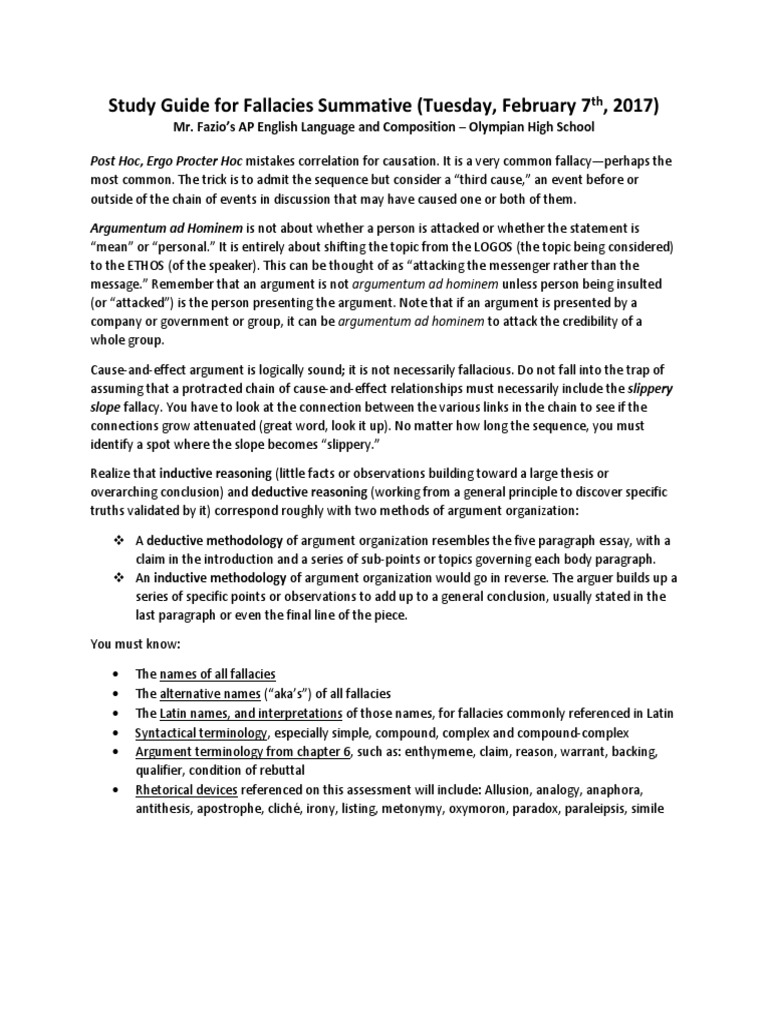 Study Guide For Fallacies Summative | PDF | Argument | Fallacy