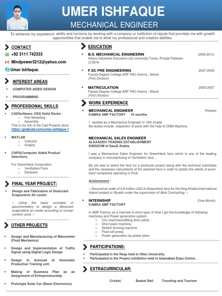 Umer Ishfaque CV | PDF | Mechanical Engineering | Computer Aided Design