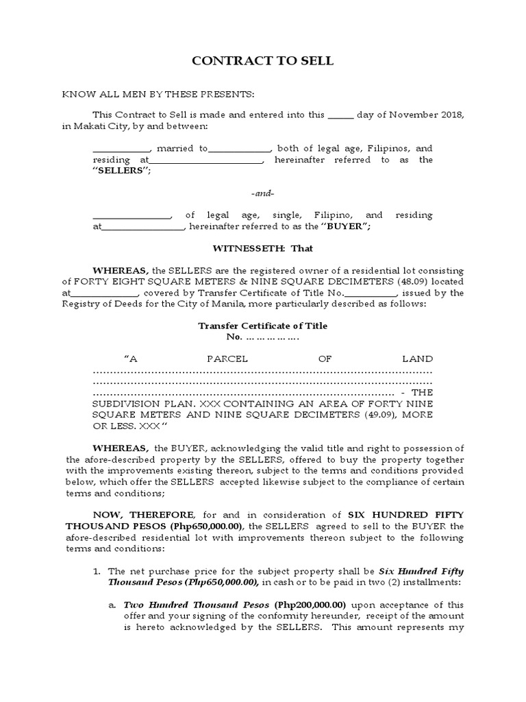 Sample CONTRACT TO SELL | PDF | Taxes | Prices