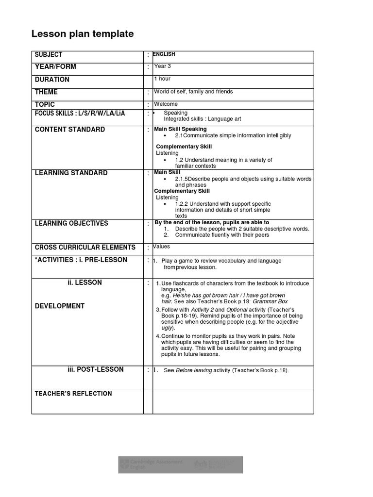 Lesson Plan Template: Subject Year/Form Duration Theme Topic Focus ...