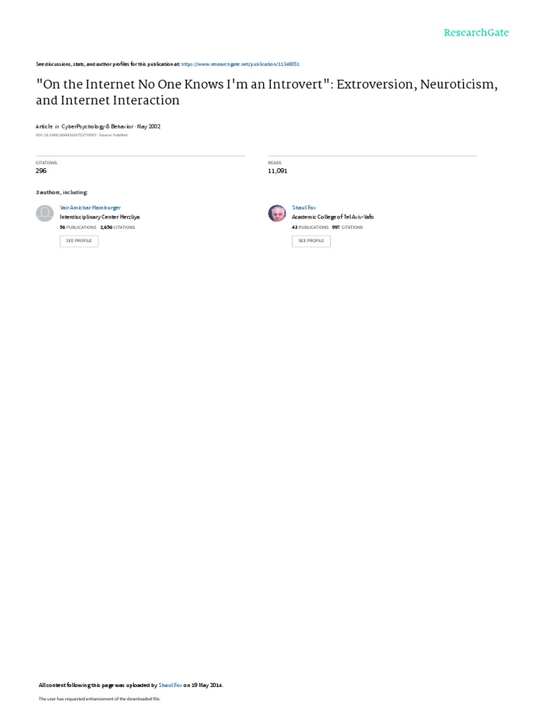 "On The Internet No One Knows I'm An Introvert": Extroversion, Neuroticism, and Internet ...
