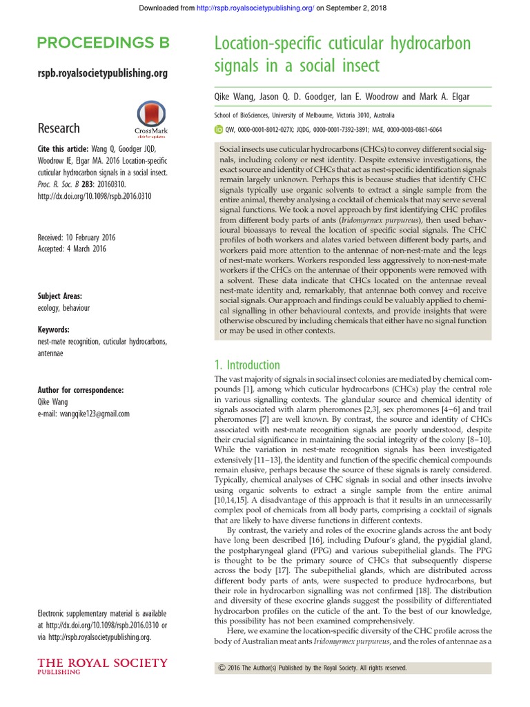 Location-Specific Cuticular Hydrocarbon Signals in A Social Insect ...