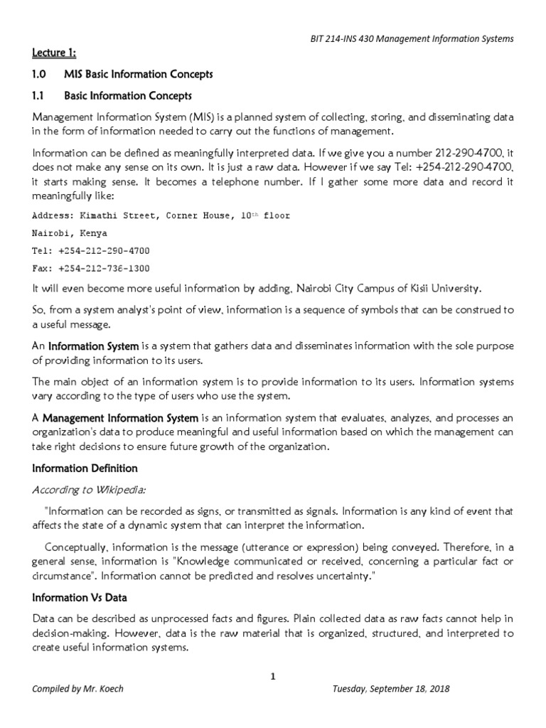 Lecture 1 Basic Information Concepts | PDF | Information System | Information