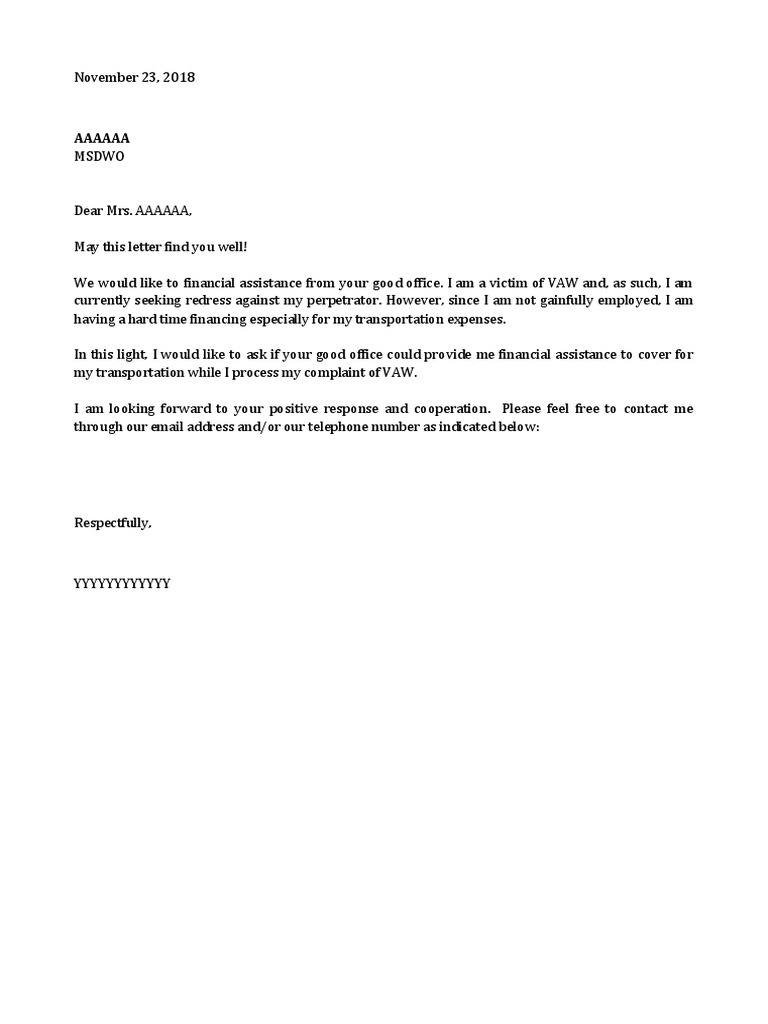 Sample Letter For Financial Assistance VAW | PDF