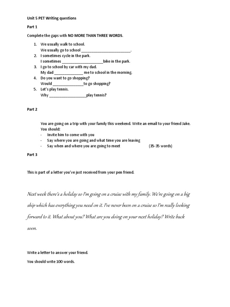 Unit 5 PET Writing Questions | PDF