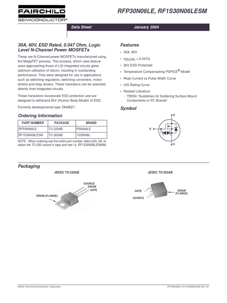 Rfp30N06Le, Rf1S30N06Lesm: 30A, 60V, Esd Rated, 0.047 Ohm, Logic Level ...