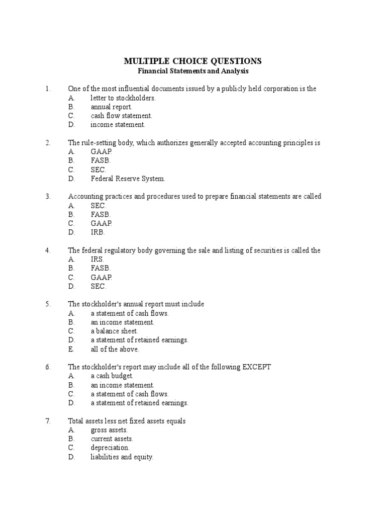 Multiple Choice Questions: Financial Statements and Analysis | Download ...