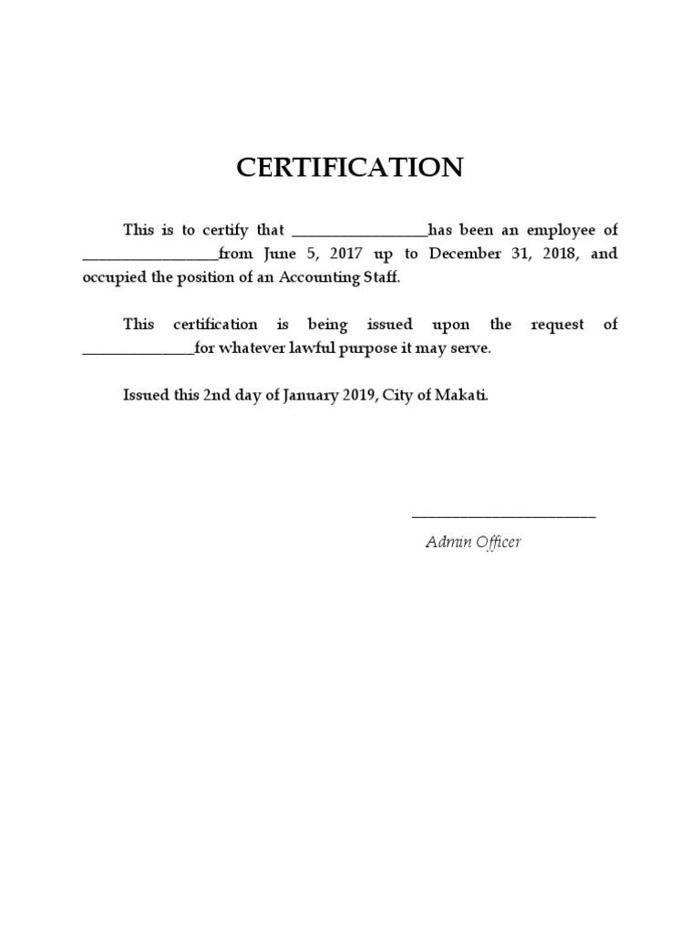 Employee Certification Letter Template 2017-2018 | PDF