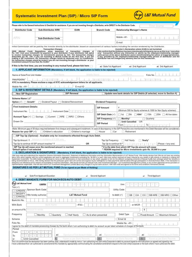 Systematic Investment Plan (SIP) / Micro SIP Form: 1. Applicant Information | PDF | Cheque ...