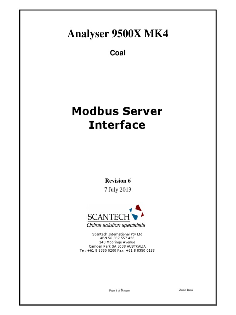 Modbus Interface Configuration And Data Access For The Coalscan 8705