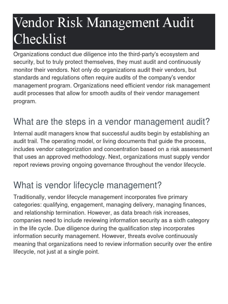03-Vendor Risk Management Audit Checklist | Information Security | Audit