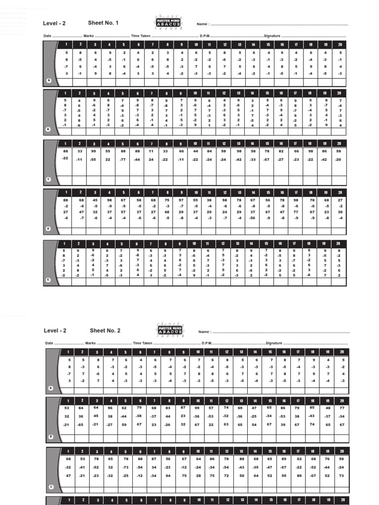 Level 2 Abacus Worksheets and Exams | PDF | Teaching Mathematics