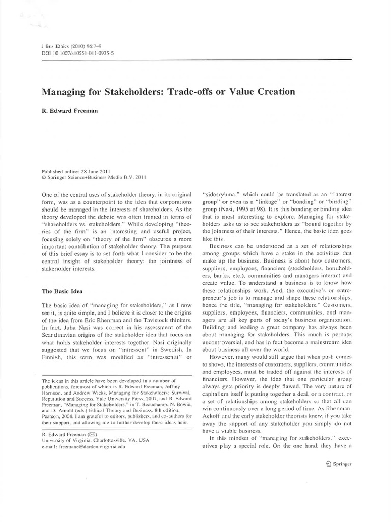 Freeman (2007) Managing Stakeholders | PDF