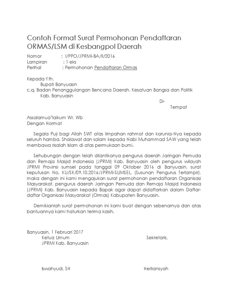 Contoh Format Surat Permohonan Pendaftaran ORMAS | PDF