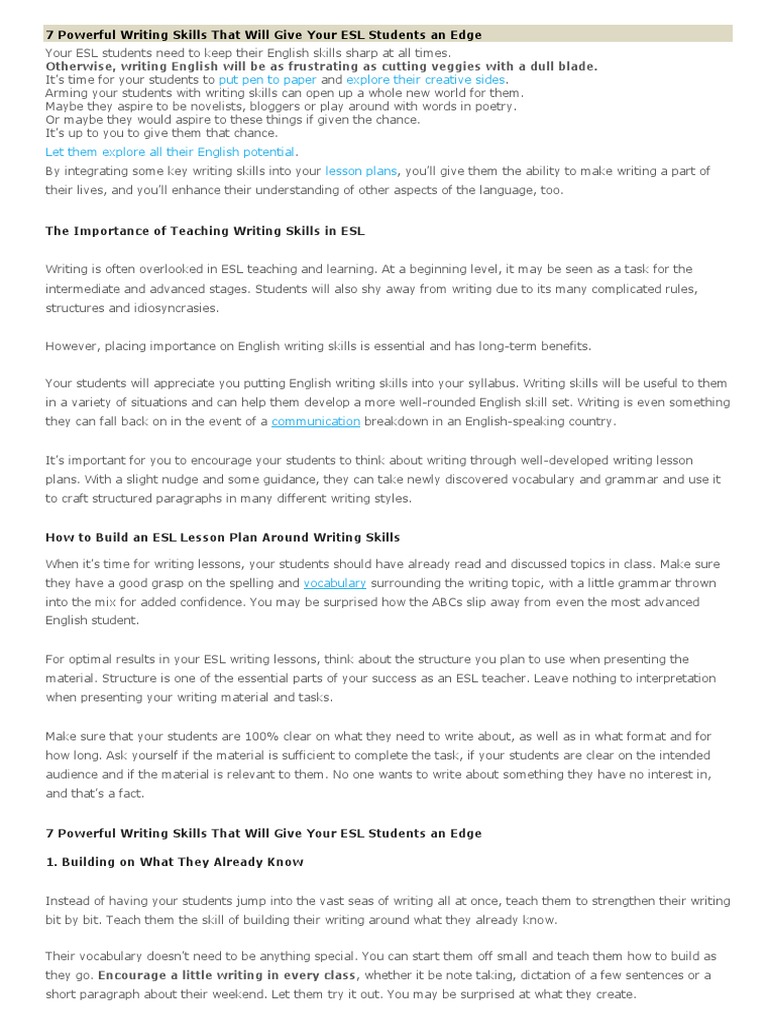 7 Essential ESL Writing Skills | PDF | English As A Second Or Foreign ...
