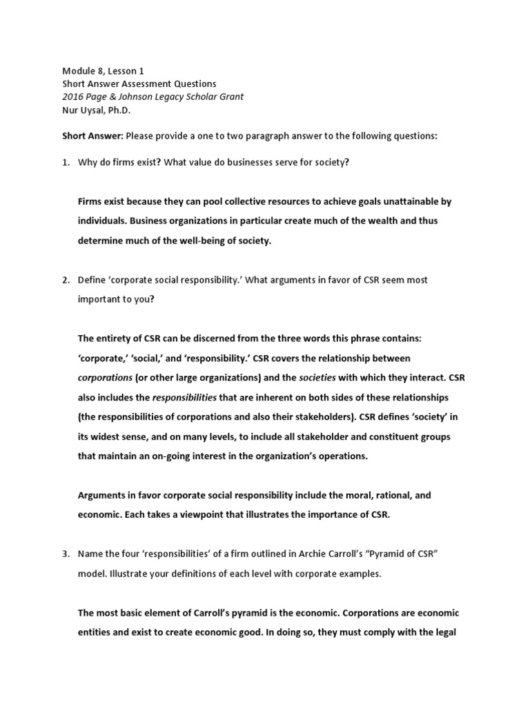 Module 8 Lesson 1 Short Answer Qs | PDF | Corporate Social Responsibility | Stakeholder (Corporate)