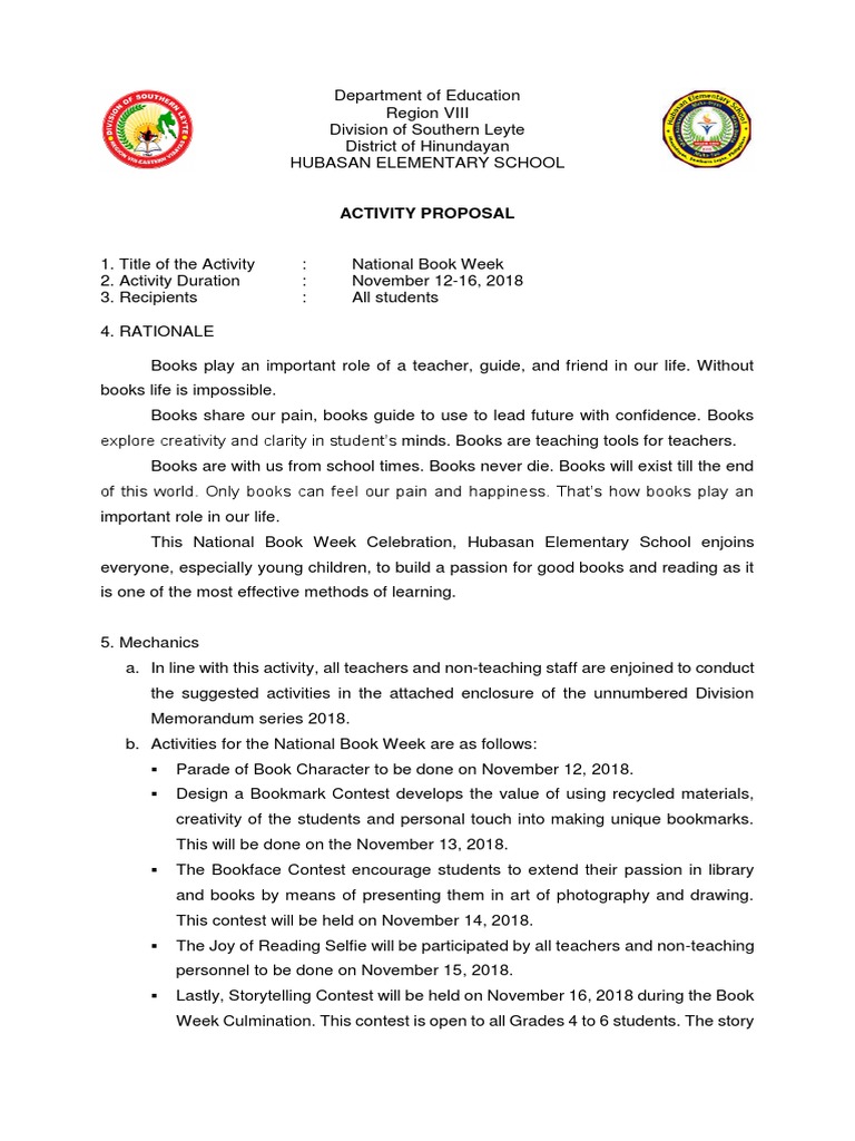 National Book Week Activity Proposal | PDF | Pedagogy | Teachers