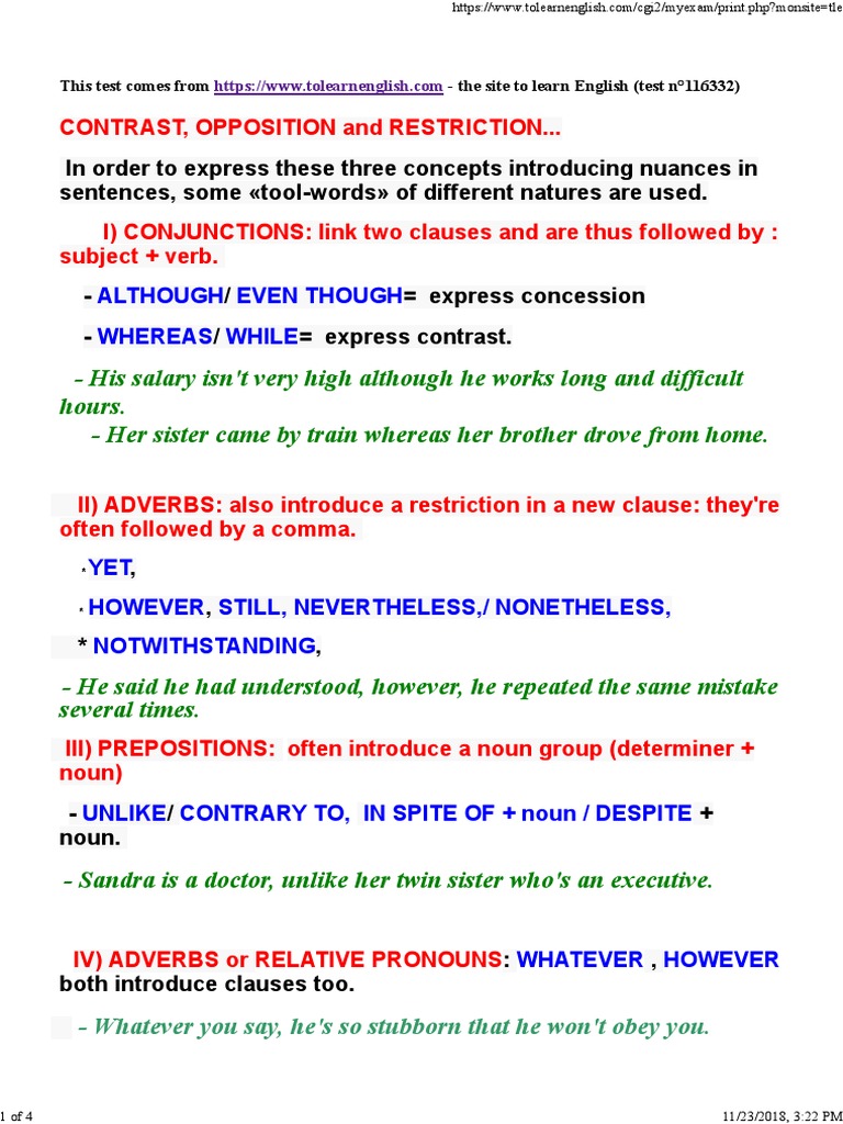 CONTRAST, OPPOSITION and RESTRICTION. | PDF | Adverb | Noun