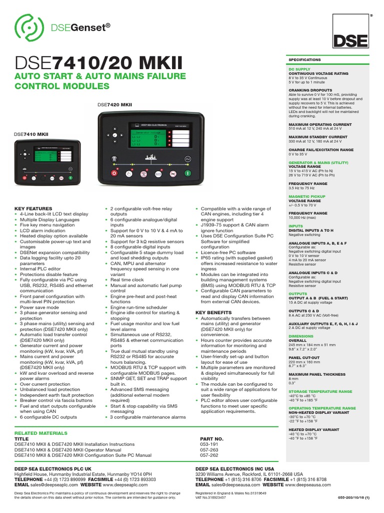 Dse7410 20 Mkii Data Sheet | PDF | Mains Electricity | Electromagnetic ...