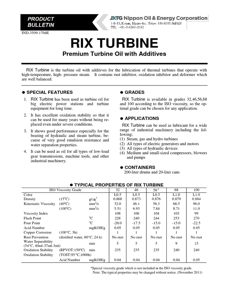 Rix Turbine: Premium Turbine Oil With Additives | PDF | Motor Oil ...