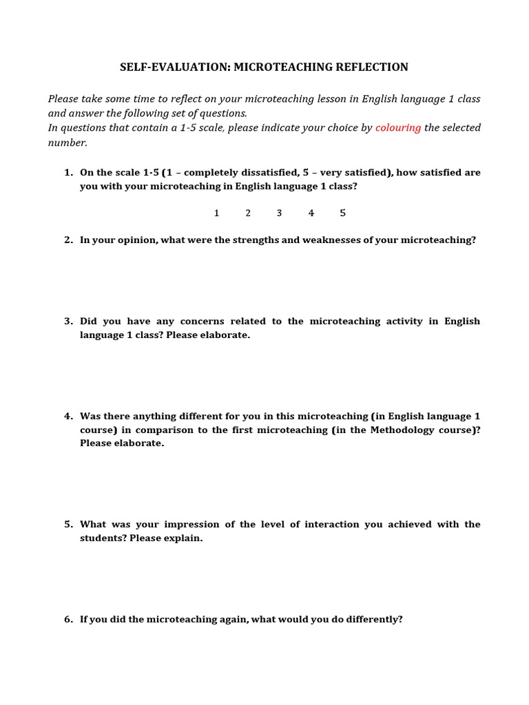 Self-Evaluation: Microteaching Reflection: Colouring | PDF | Education ...