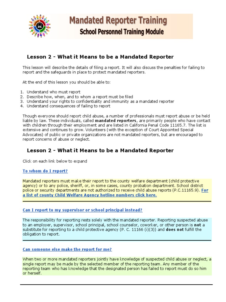 Mandated Reporting Lesson 2 | PDF | Child Protective Services | Child Abuse