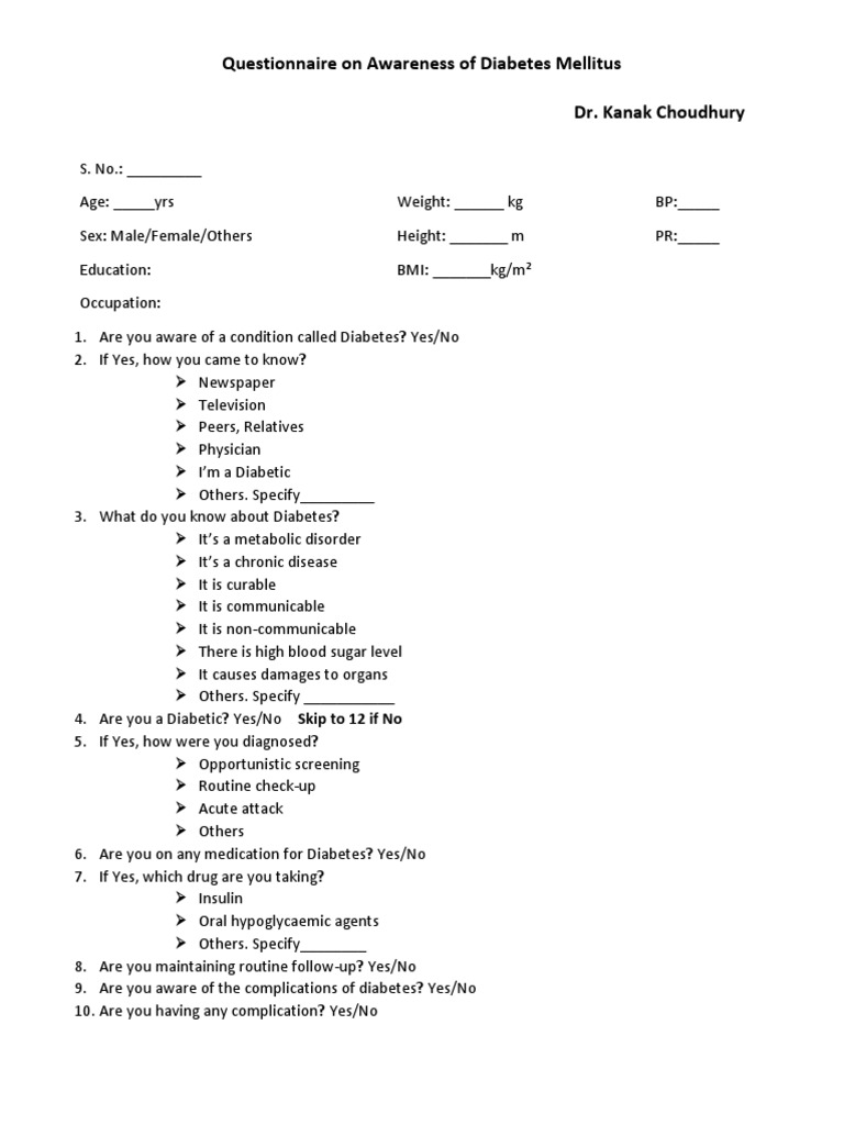Questionnaire On Awareness of Diabetes Mellitus Dr. Kanak Choudhury ...