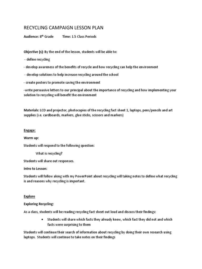 Recycling Campaign Lesson Plan: Audience: 8 | PDF | Career & Growth