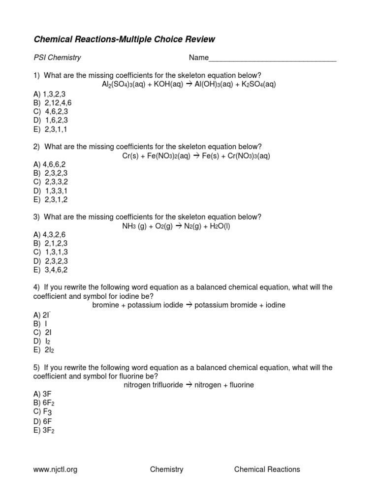 Reactions Multiple Choice 2013-03-01 | PDF | Chemical Reactions | Redox