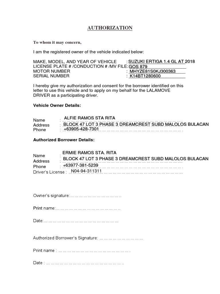 Authorization To Drive | PDF | Driving | Written Communication