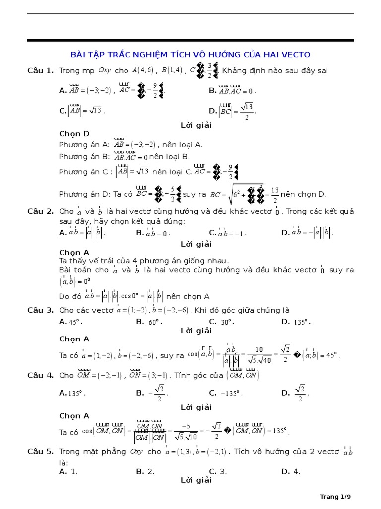 (123doc) - Bai-Tap-Trac-Nghiem-Tich-Vo-Huong-Cua-Hai-Vecto | PDF