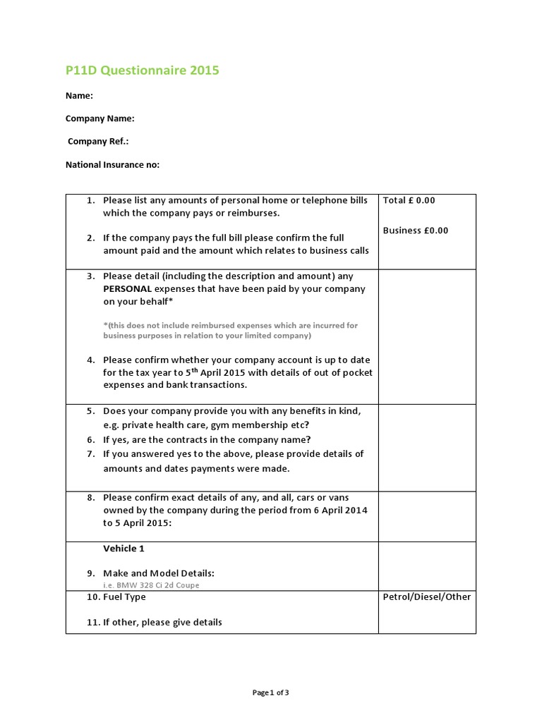 p11d Questionnaire Template | PDF | Loans | Taxes