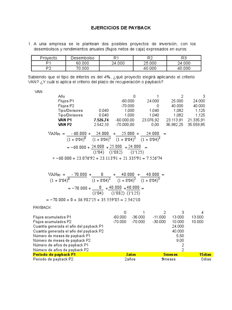 Ejercicios Resueltos de Payback | PDF | Valor presente neto | Finanzas Matemáticas