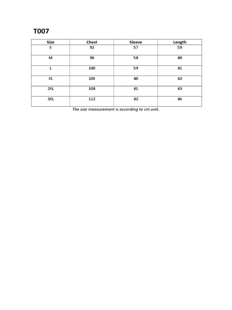Size Chest Sleeve Length: S 92 57 59 M 96 58 60 L 100 59 61 XL 104 60 ...