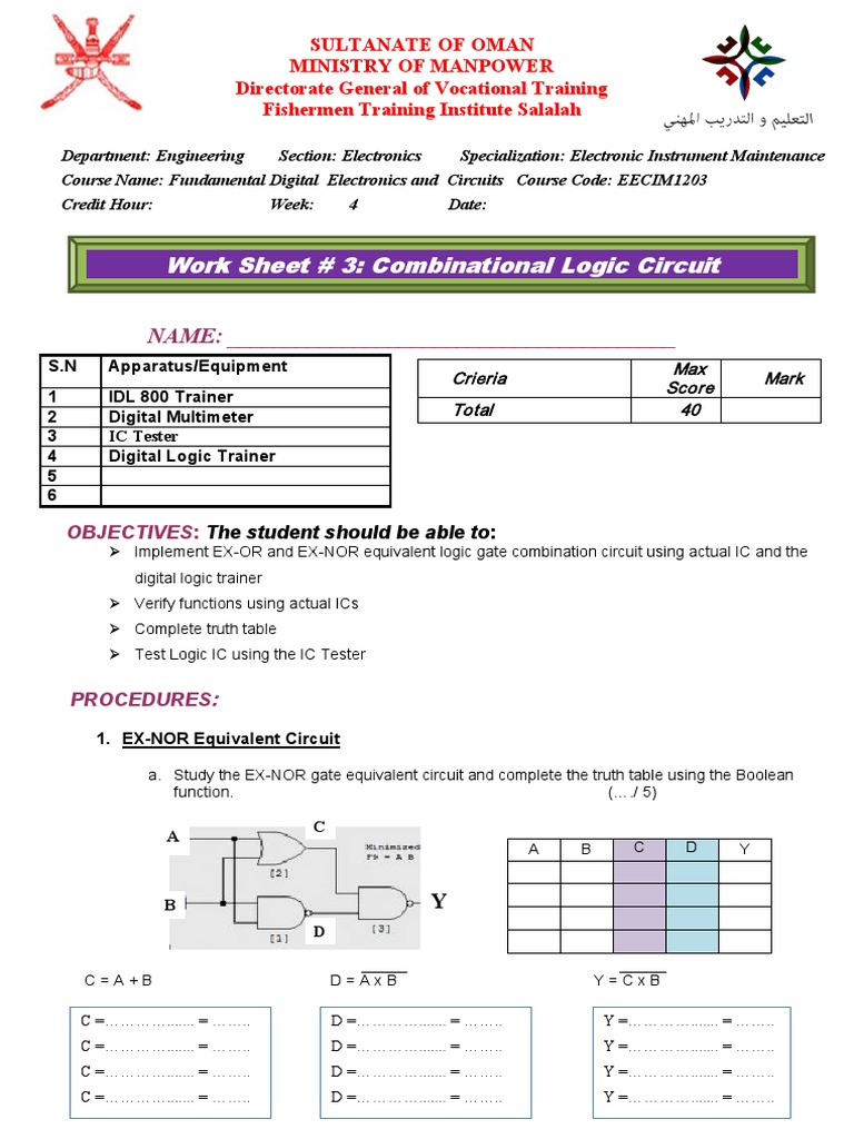 Work Sheet 3 Combinational Logic Circuit | PDF | Logic Gate | Digital ...