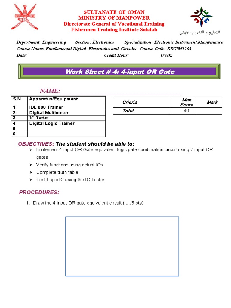 4-Input OR Gate Circuit Worksheet | PDF | Teaching Methods & Materials