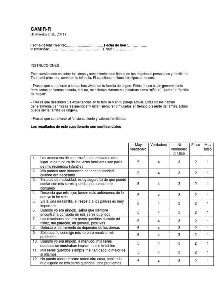 Cuestionario CAMIR-R de Apego Adulto | PDF | Sicología