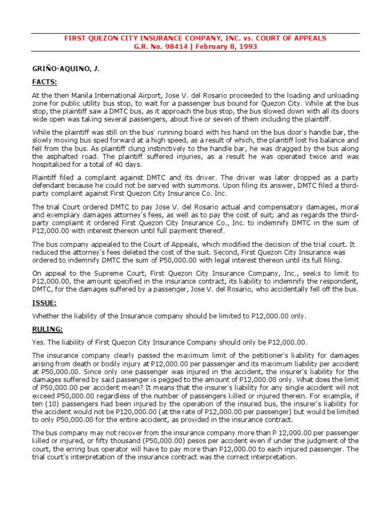 First Quezon City Insurance Company, Inc. vs. Court of Appeals G.R. No ...