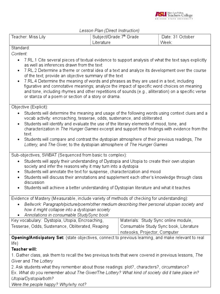 Dystopian Literature Lesson Plan | PDF | Dystopia | Utopian And ...