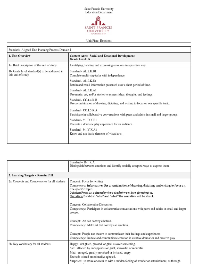 Unit Plan Emotions Cwortmann | PDF | Lesson Plan | Feeling
