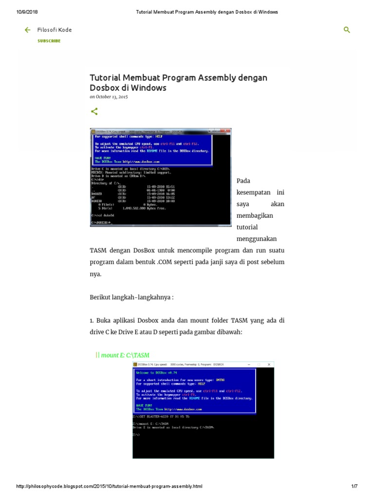 Tutorial Membuat Program Assembly Dengan Dosbox Di Windows | PDF
