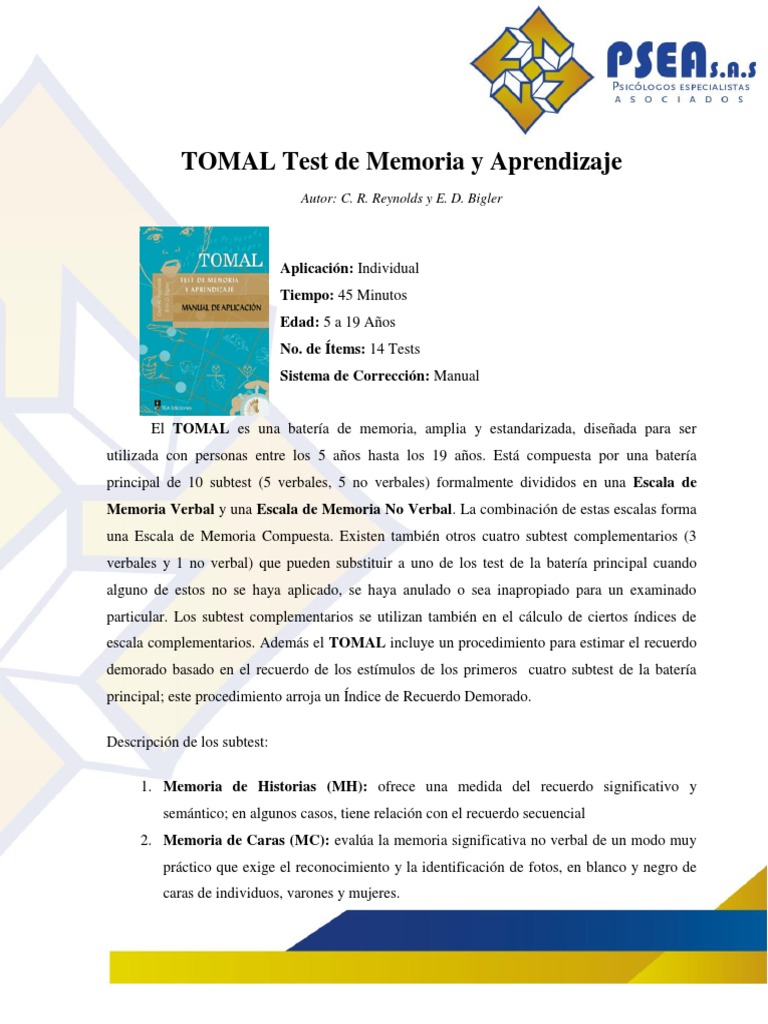 Test TOMAL de Memoria y Aprendizaje | PDF | Memoria | Aprendizaje