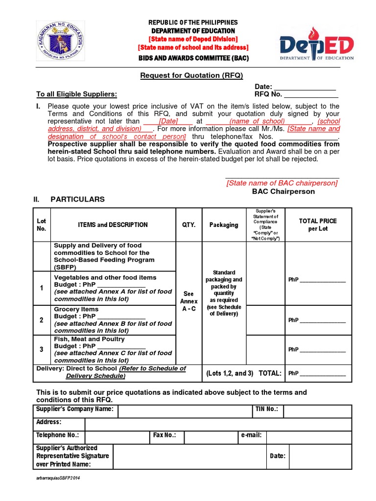 Request for Quotation for the Supply and Delivery of Food Commodities ...