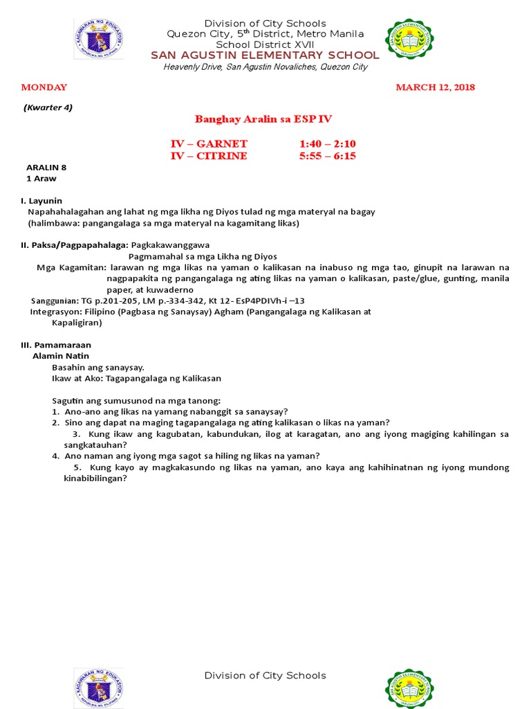 Lesson Plan in Esp 4 4th Gradiing Day1-5week8 l8 | PDF