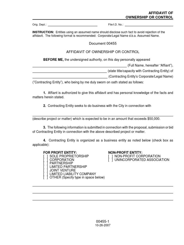 Affidavit of Ownership or Control | PDF | Affidavit | Corporations