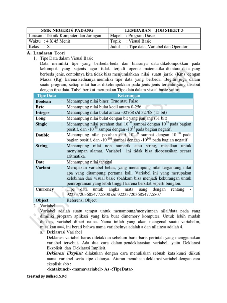 Modul 3 Pemograman Dasar vb6 (Tipe Data, Variabel Dan Operator) PDF | PDF